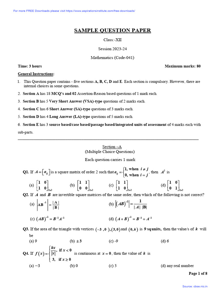CBSE Sample Paper 2024 Class 12 Maths SQP | PDF | Function (Mathematics ...