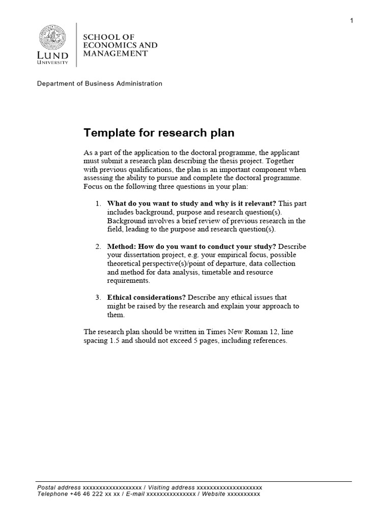 Template For Research Plan (PHD, FEK) | PDF