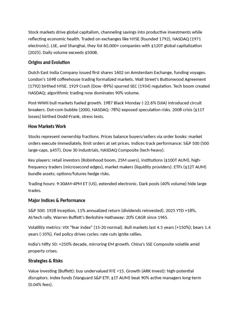 Stock Markets | PDF | Dow Jones Industrial Average | Stock Market