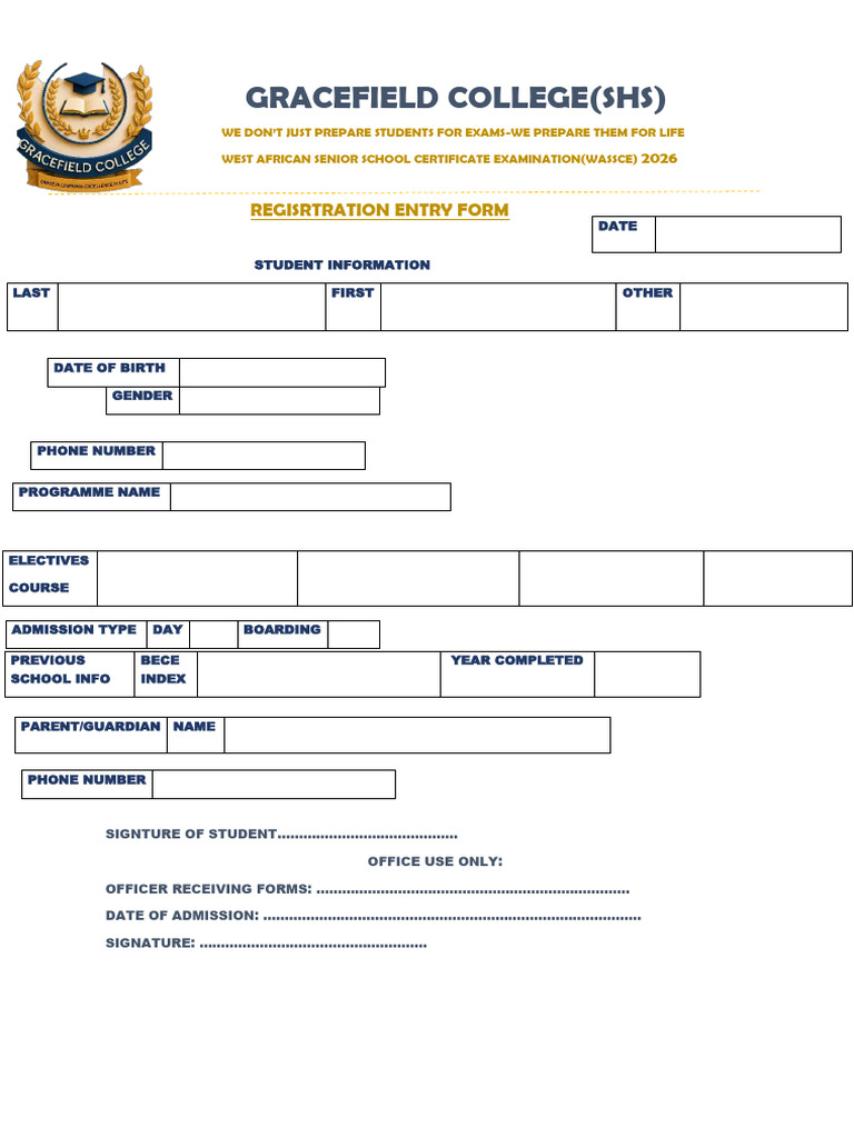 Gracefield College (SHS) Registration Entry Form New | PDF