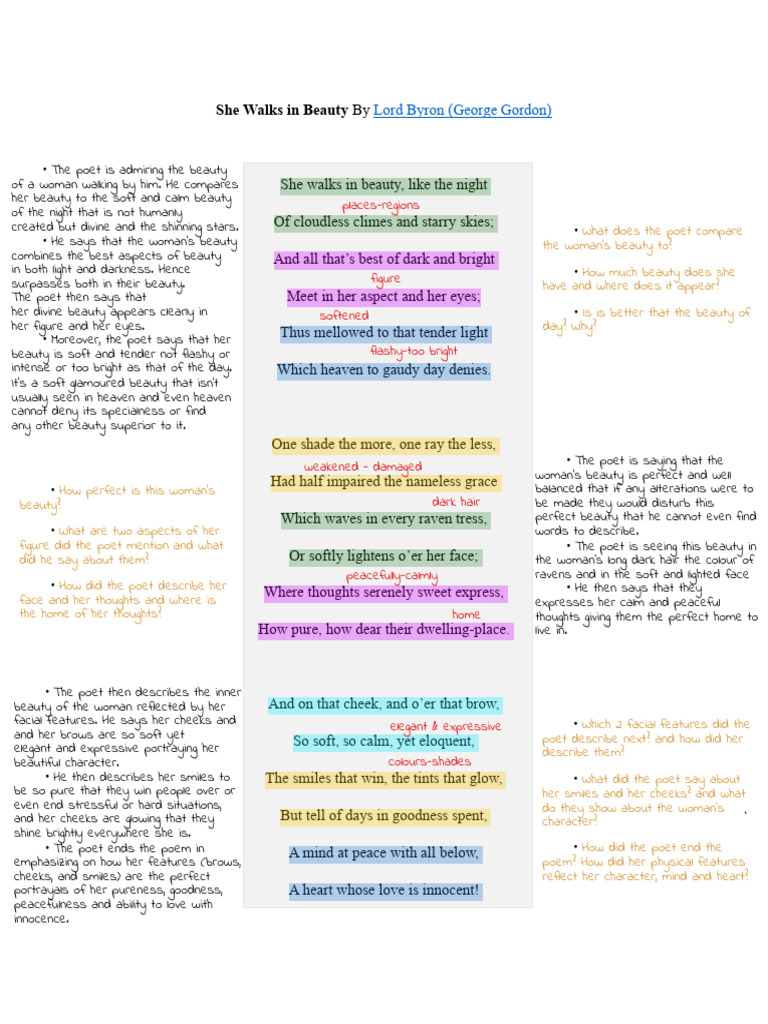 She Walks in Beauty Lord Byron (Complete) | PDF | Poetry | Beauty