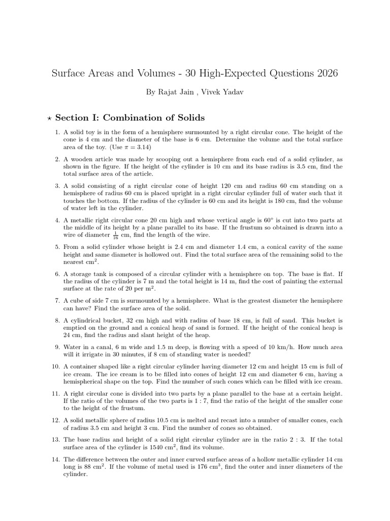 Surface Areas & Volumes: 30 Key Questions | PDF | Sphere | Euclidean ...