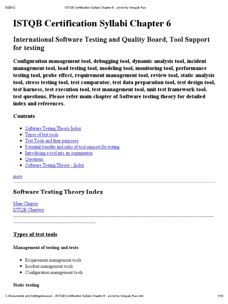 ISTQB Certification Syllabi Chapter 6 - A Knol by Vinayak Rao | PDF ...