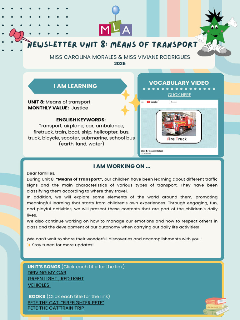 Newsletter Unit 8 - Means of Transport. Green Level | PDF