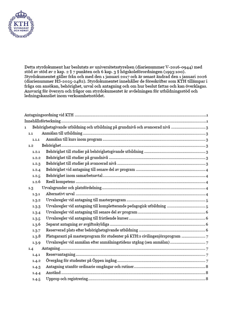 HS 2025-2482 Antagningsordning Vid KTH | PDF