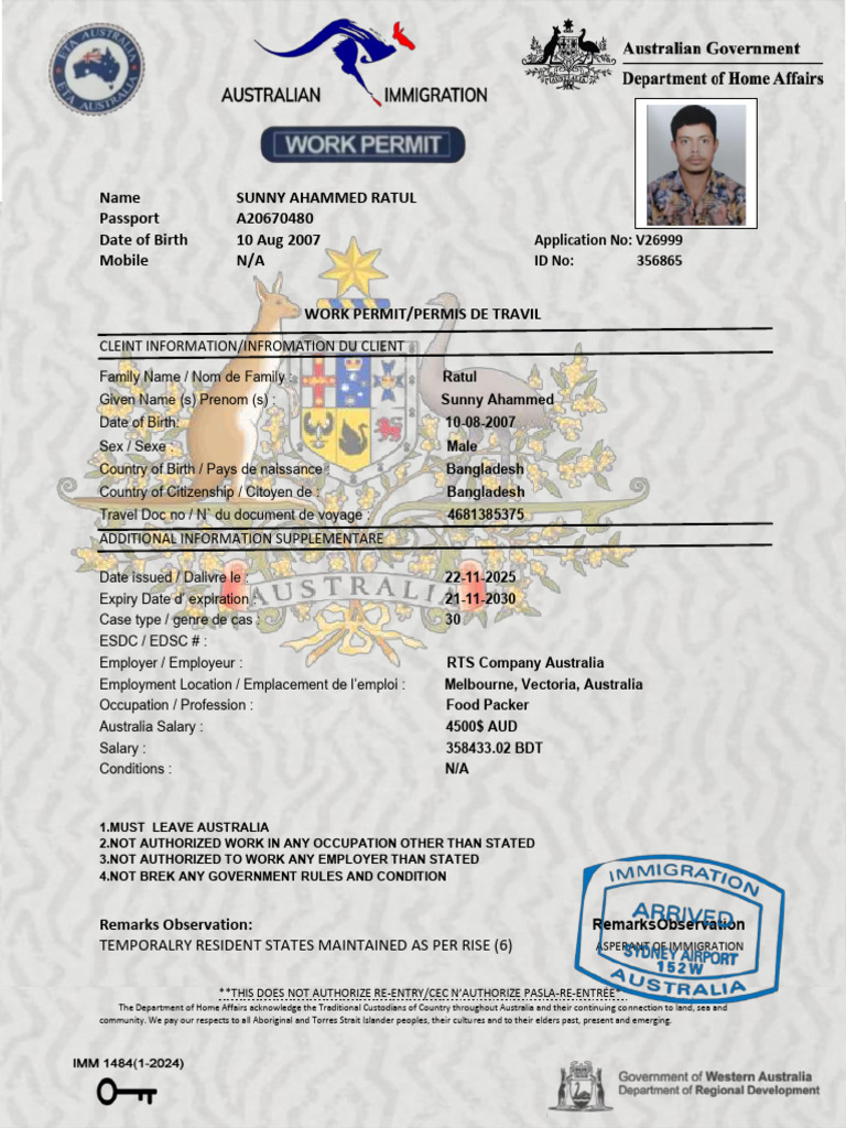 Work Permit Letter Sunny Ahammed Ratul | PDF | Government And Personhood
