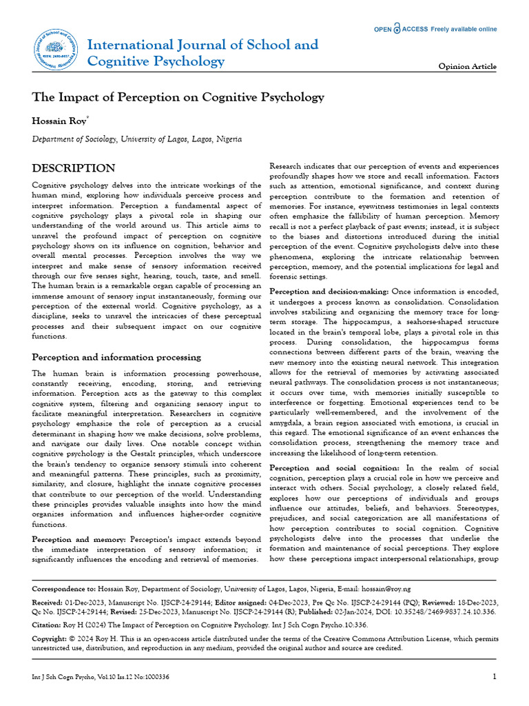 Perception's Role in Cognitive Psychology | PDF | Perception | Cognition