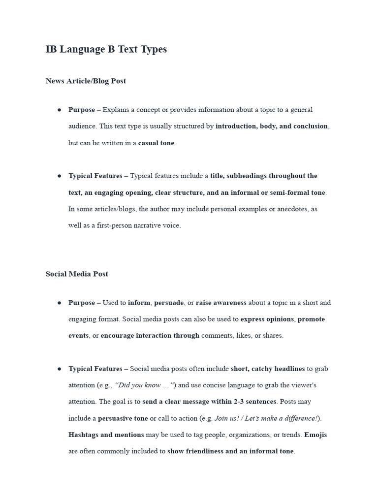 IB Language B Text Types Overview | PDF | Essays | Argument