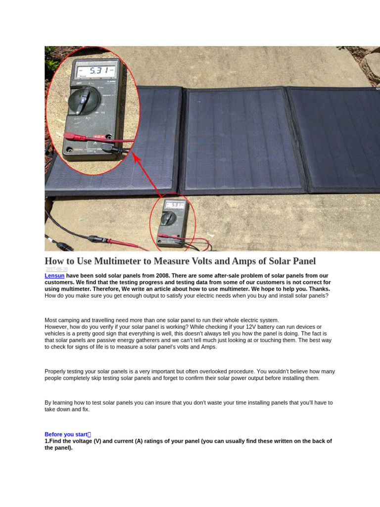 How to Use Multimeter to Measure Volts and Amps of Solar Panel | PDF ...