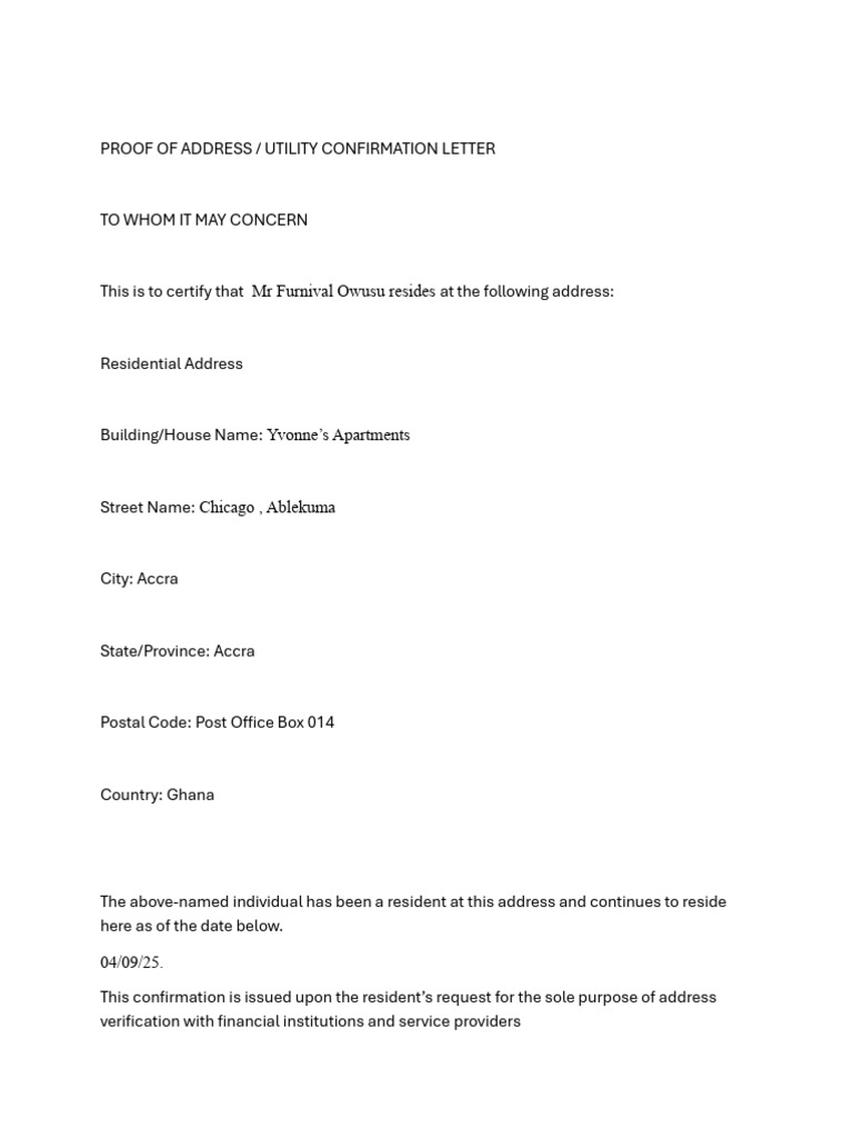 Proof of Address Confirmation Letter | PDF