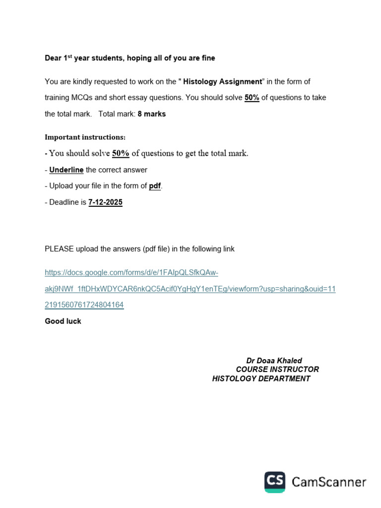 Histology Assignment Instructions for Students | PDF