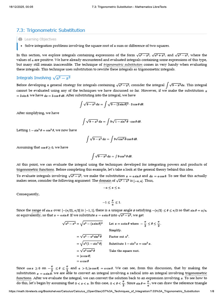 7.3_ Trigonometric Substitution - Mathematics LibreTexts | PDF ...