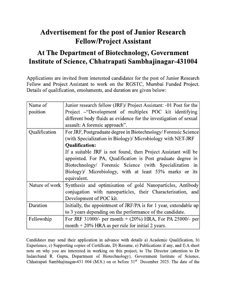 Advertisement For 1 JRF - RA & Application Form | PDF
