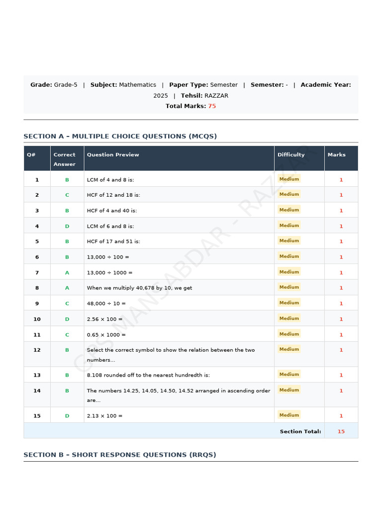 Mathematics_Grade-5_semester_Answer-Key | PDF | Multiple Choice ...
