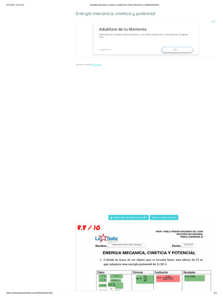 Energía Mecanica, Cinetica y Potencial. Ficha Interactiva ...
