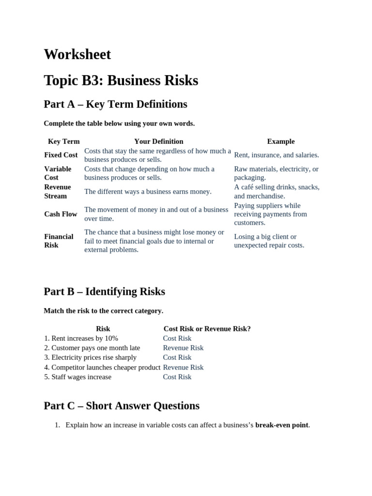 Worksheet Business Risks | PDF | Expense | Risk