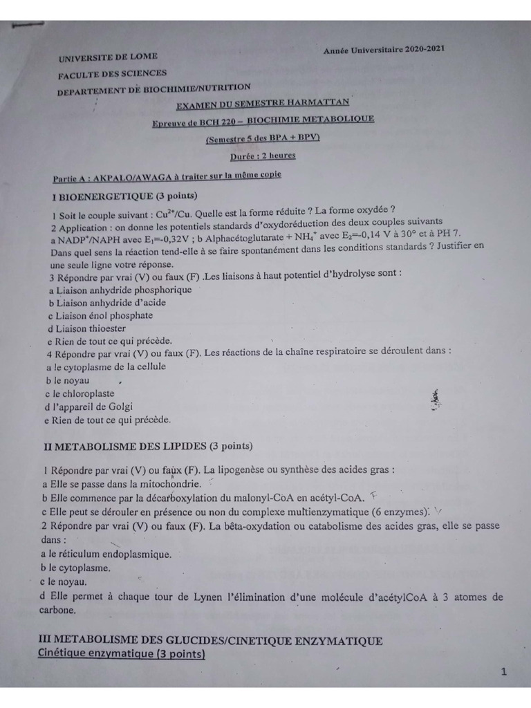 BCH 220, Examen 2020-2021 | PDF
