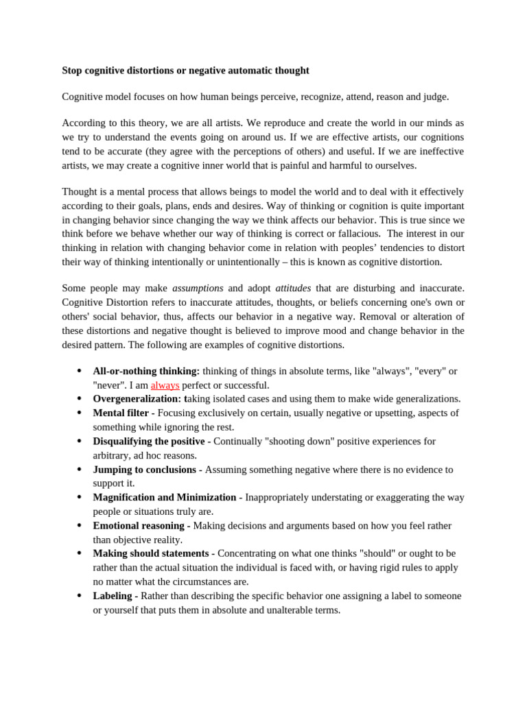 Stop Cognitive Distortions or Negative Automatic Thought | PDF ...