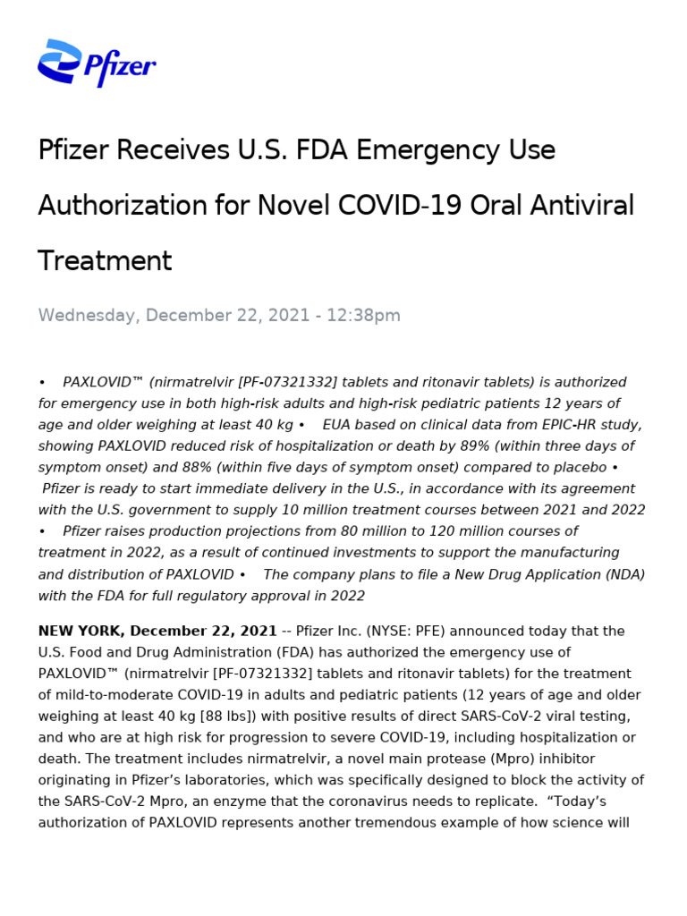 Pfizer's PAXLOVID COVID-19 EUA Approval | PDF | Health Care | Medicine