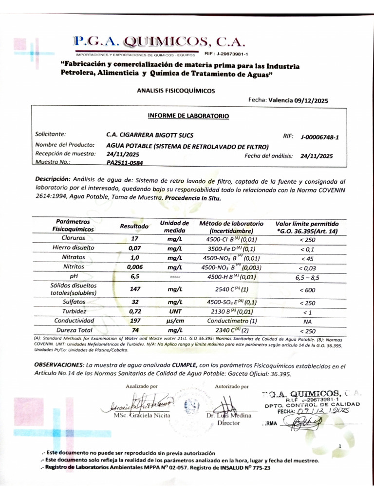 Análisis Físico Quimicos y Microbiológicos BIGOTT | PDF