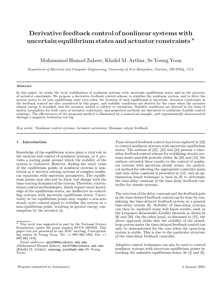 Derivative Feedback Control of Nonlinear Systems With Uncertain ...
