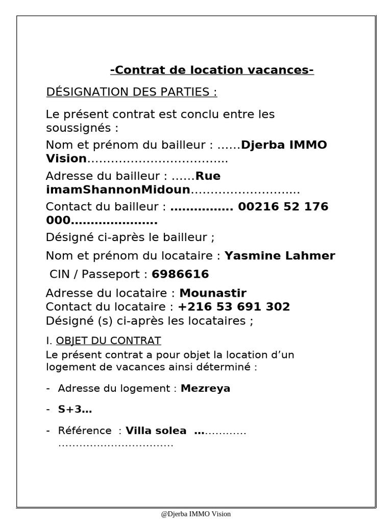 Contrat de Location de Vacances à Djerba | PDF | Location ...