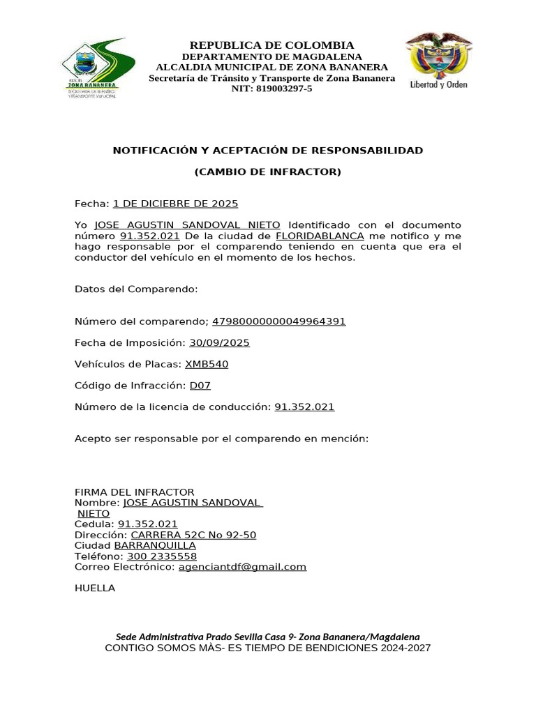 Notificación de Comparendo y Cambio de Infractor | PDF