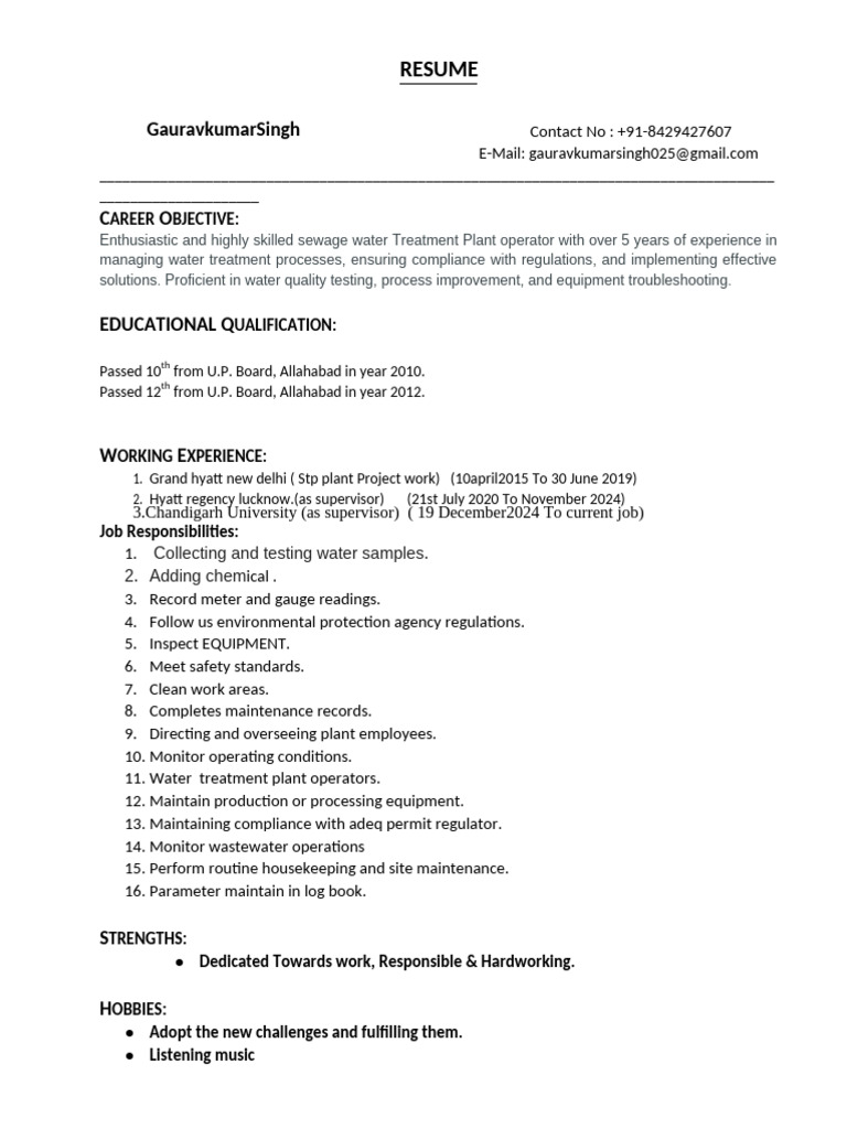 Sewage Treatment Plant Operator Resume | PDF