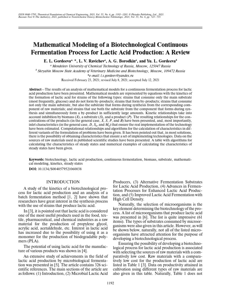 Mathematical Models for Lactic Acid Fermentation | PDF | Fermentation ...