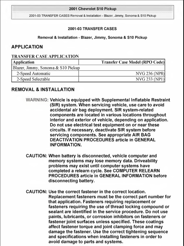 Chevrolet S 10 Transfer Case Removal - Text | PDF | Axle | Airbag
