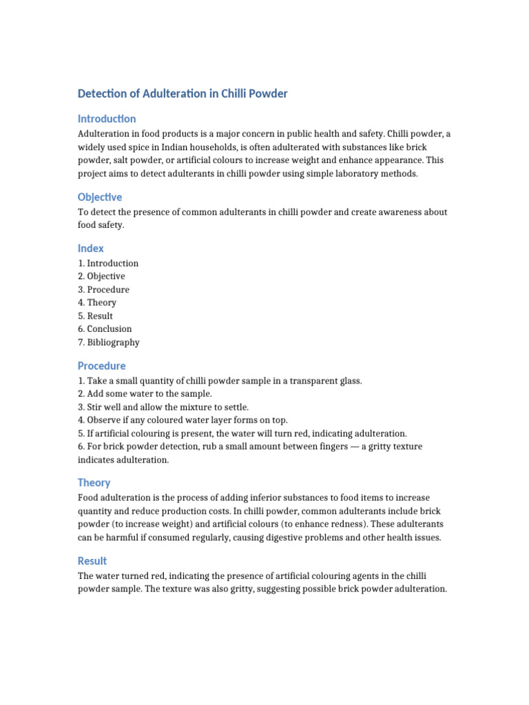 Chilli Powder Adulteration Project | PDF