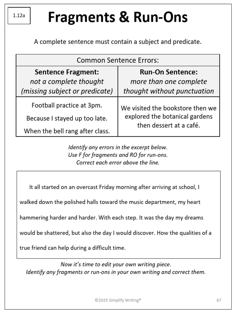 8th Grade Fragments and Run Ons Personal Narrative | PDF