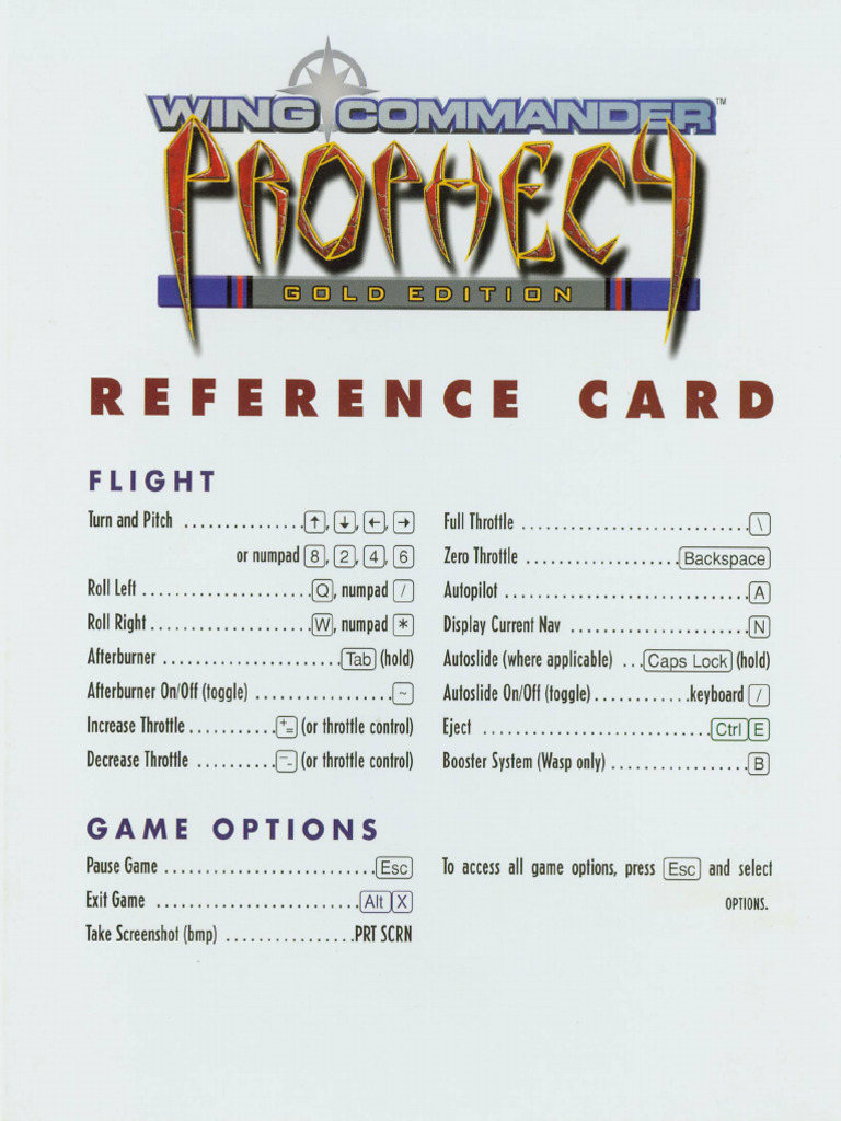 Wing Commander Prophecy Reference Card | PDF