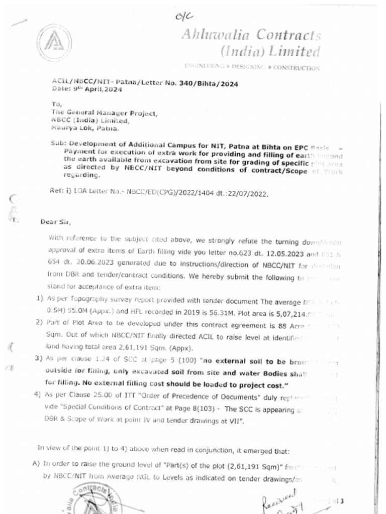 ACIL-NBCC-NIT-Patna-Letter No-340-Bihta-09!04!2024-Payment for ...