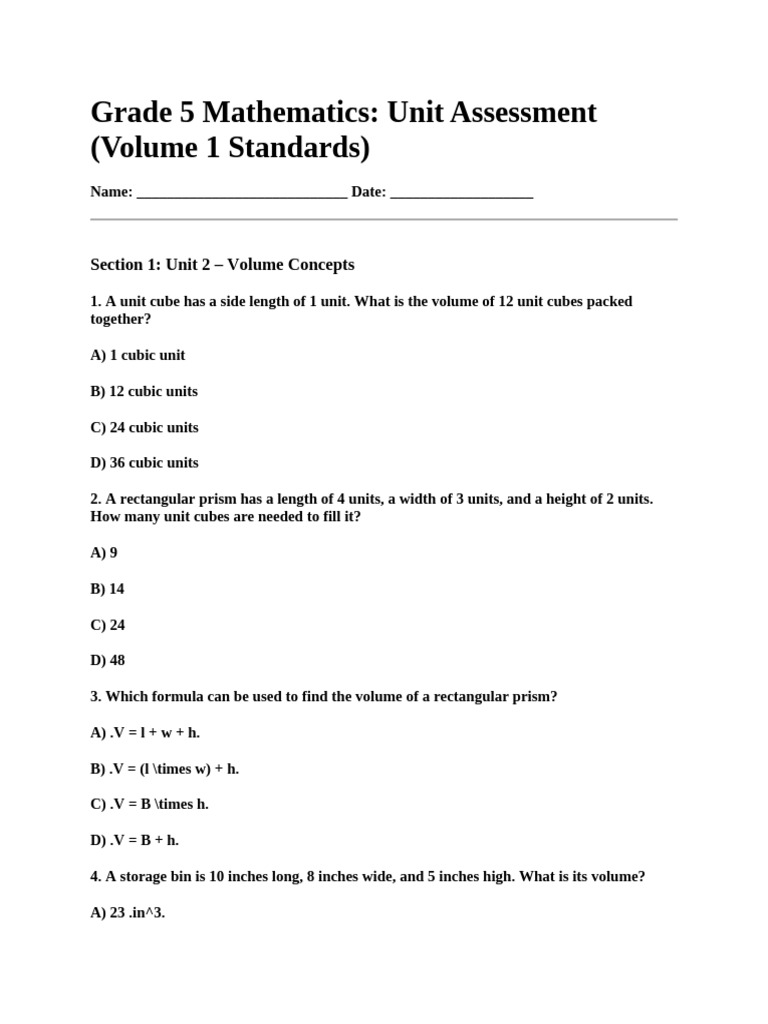 Grade 5 Math Unit Assessment Guide | PDF | Volume | Area