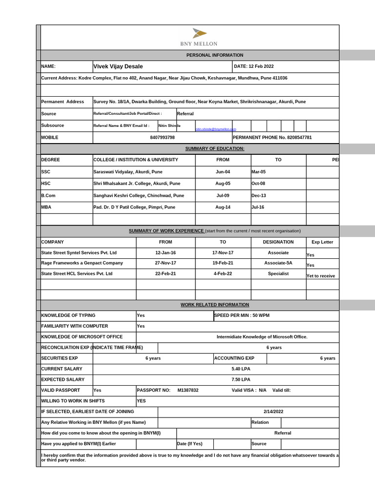 BNYM (I) - Candidate PI Form | PDF | Banking | Institutional Investors