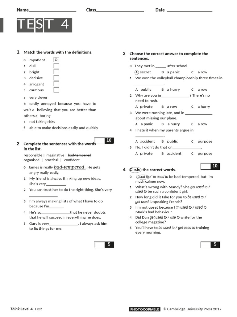 Think Level 4 Unit Test 4 | PDF