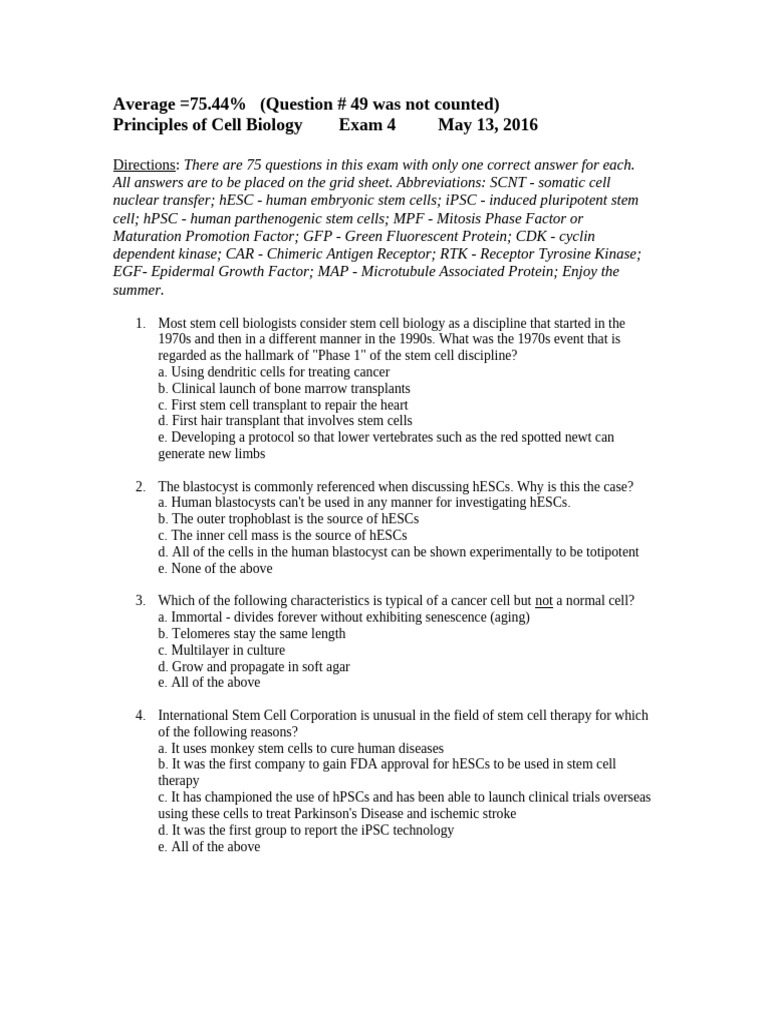 Principles of Cell Biology Exam 4 | PDF | Stem Cell | Embryonic Stem Cell
