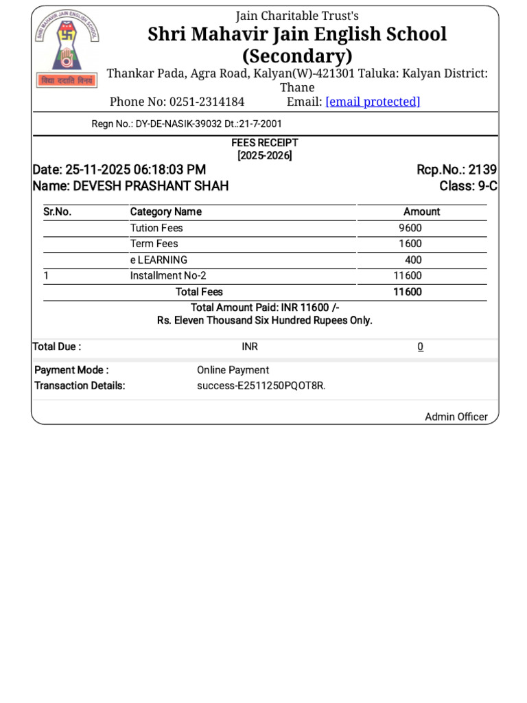 DEVESH-SHAH35 Fees Receipt 9th, 2nd | PDF
