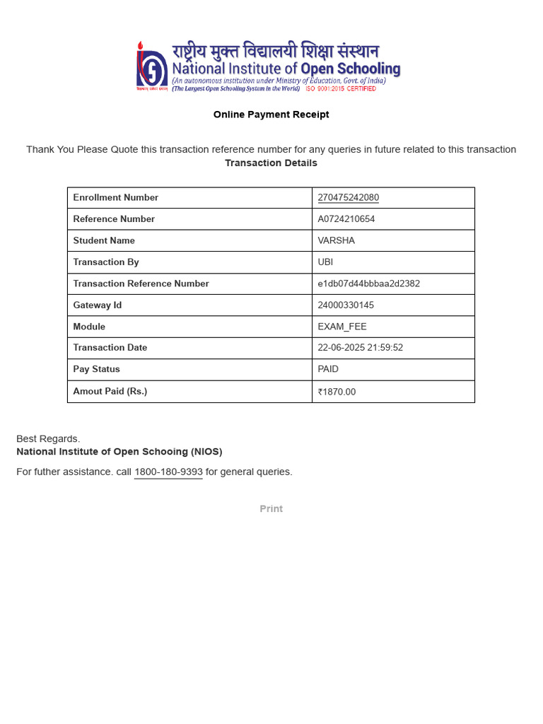 NIOS Exam Fee Payment Receipt | PDF