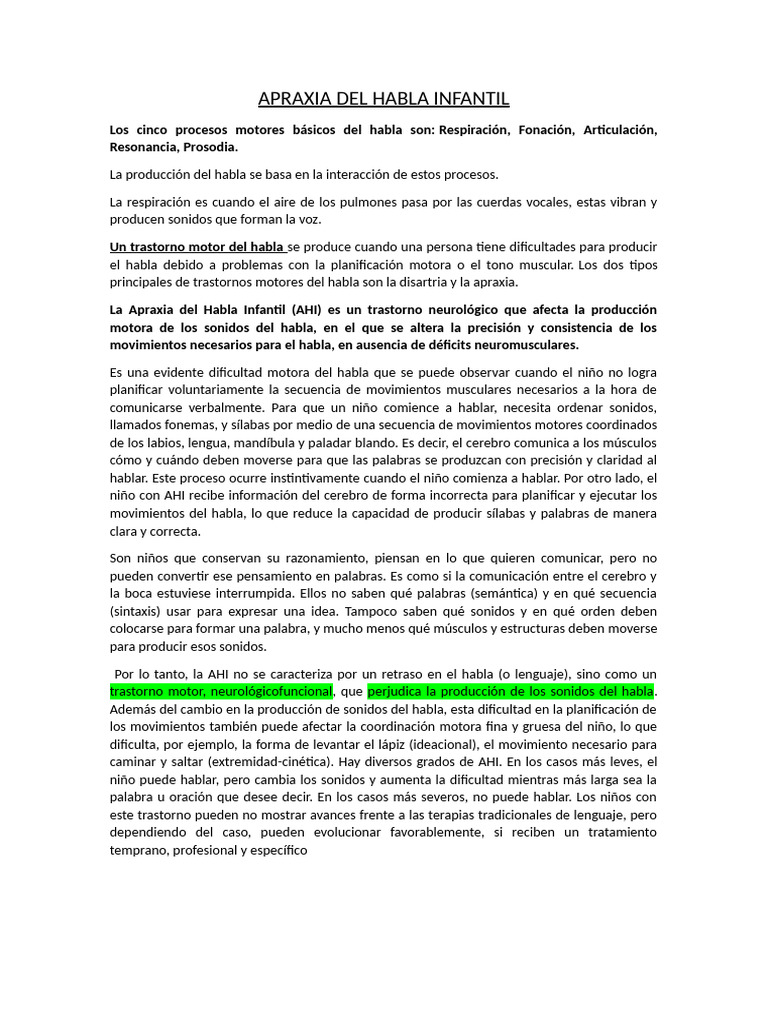 Apraxia del Habla Infantil: Diagnóstico y Tratamiento | PDF | Autismo ...