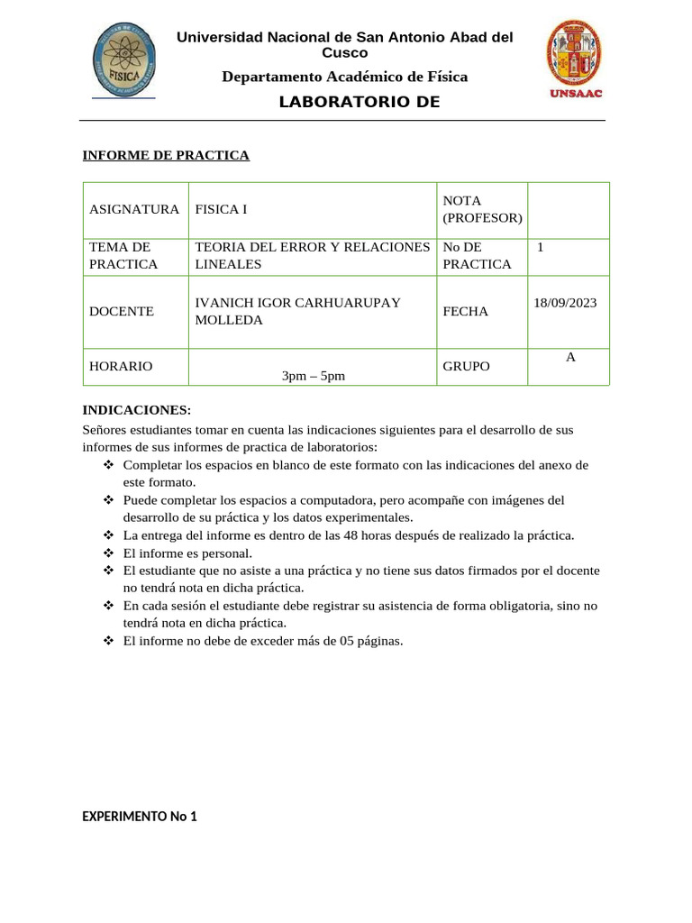 Formato de Informe Laboratorio | PDF | Medición | Laboratorios