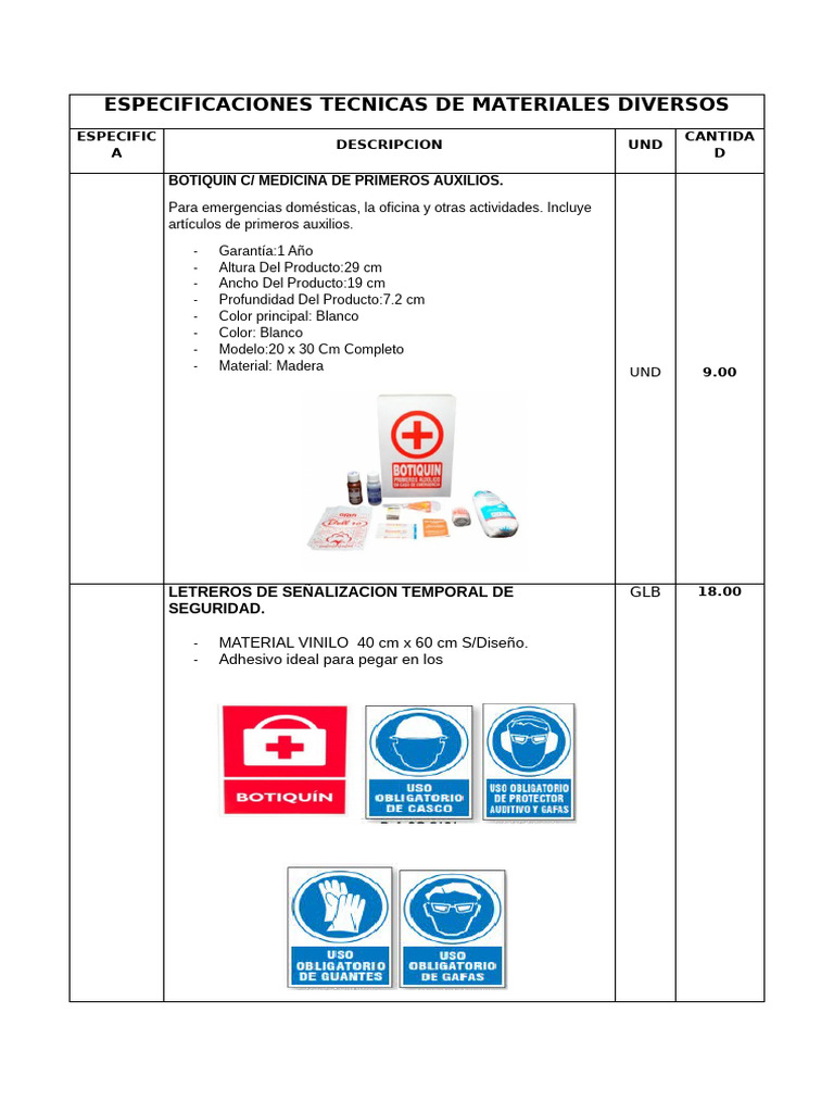 Especificaciones Tecnicas de Materiales Diversos | PDF | Materiales