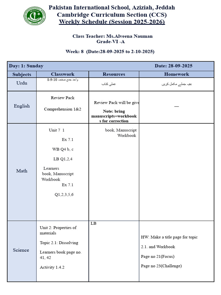 Grade 6-A-Weekly Schedule Week 8.Docx | PDF