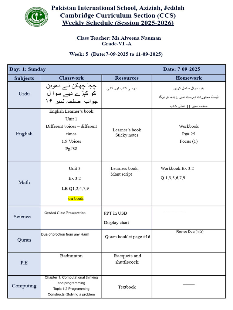 Grade VI-A Weekly Schedule 2025-2026 | PDF