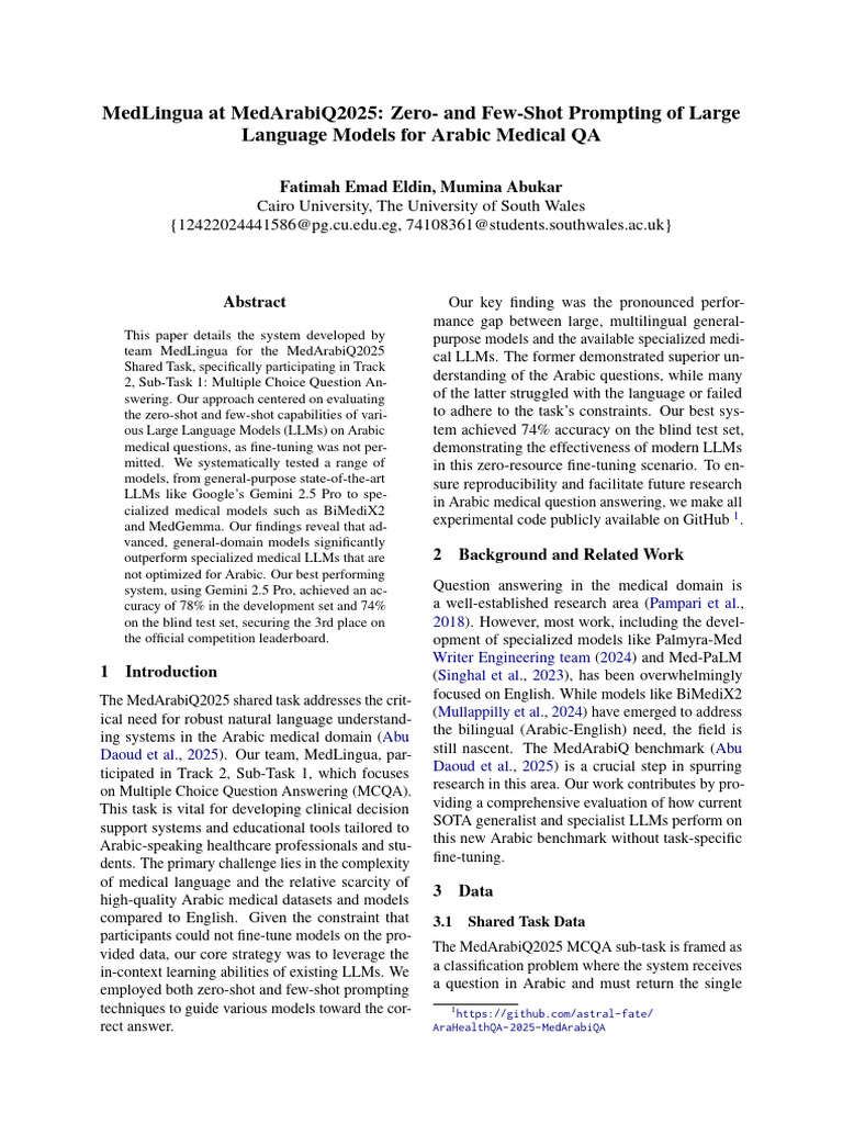 MedLingua at MedArabiQ2025 Zero and Few Shot Prompting of Large ...