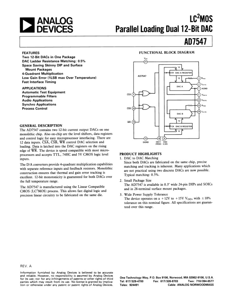 AD7547 Dual 12-Bit CMOS DAC Data Sheet | PDF | Digital To Analog ...