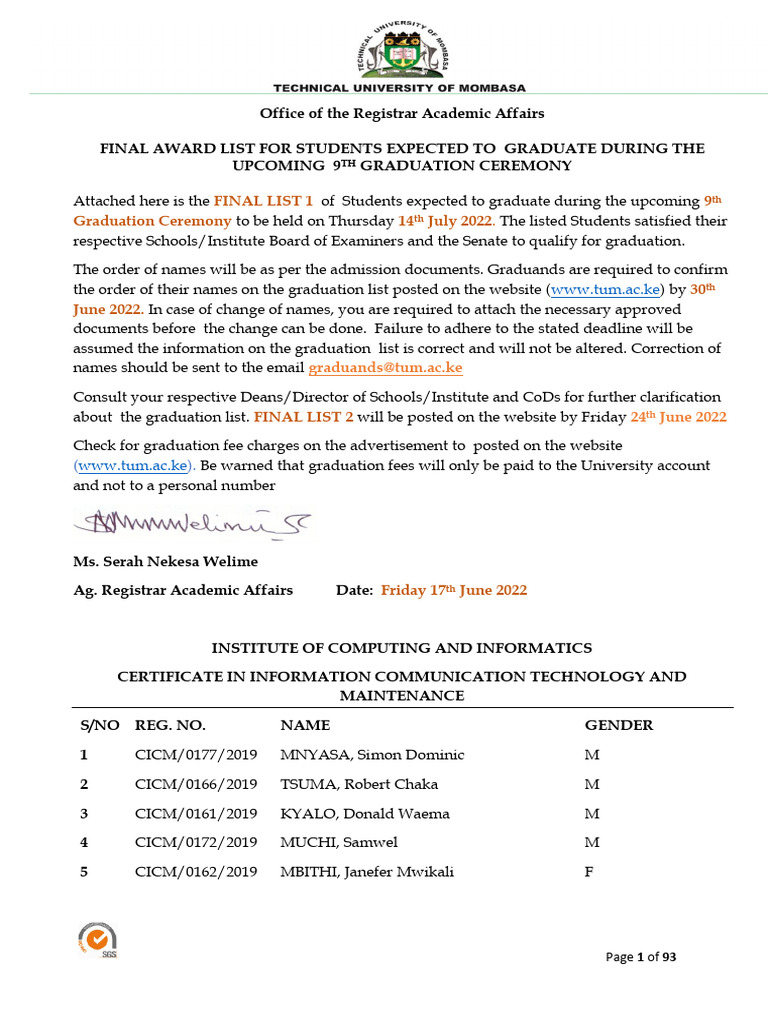Final Award List For Students Expected To Graduate During The Upcoming ...