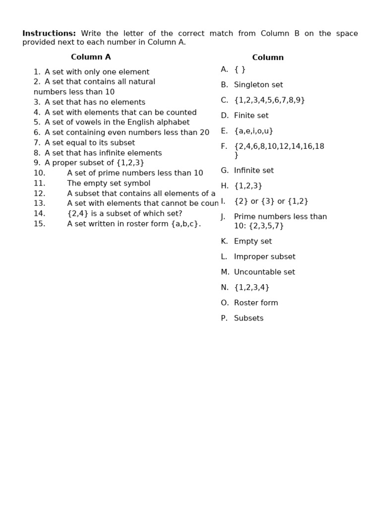 Sets Subsets Matching Test | PDF
