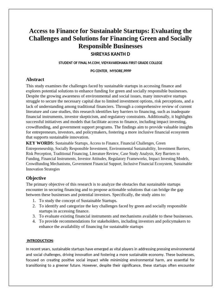 Access to Finance for Sustainable Startups^ RP FINAL[1] | PDF | Startup ...